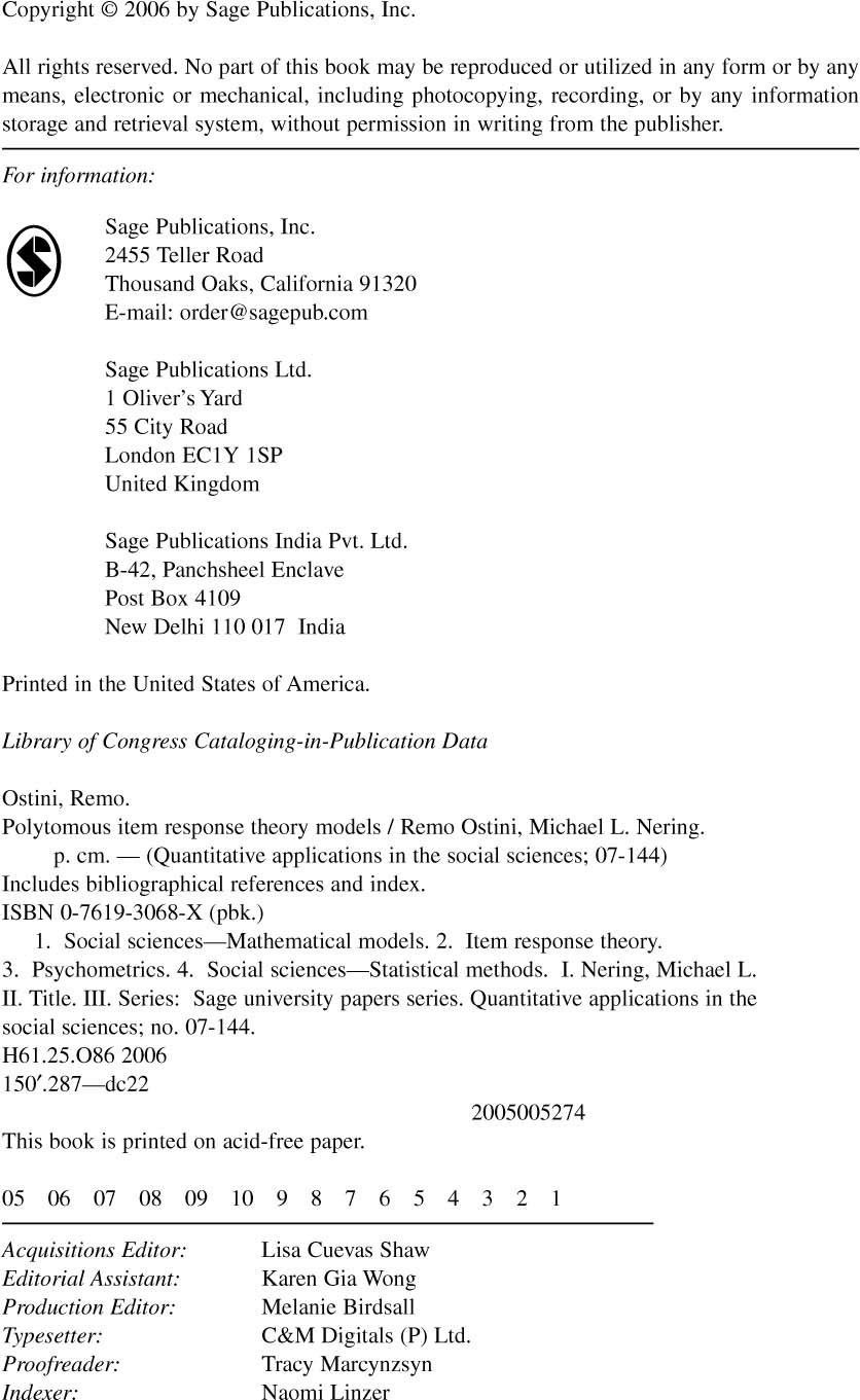 Sage Research Methods - Polytomous Item Response Theory Models